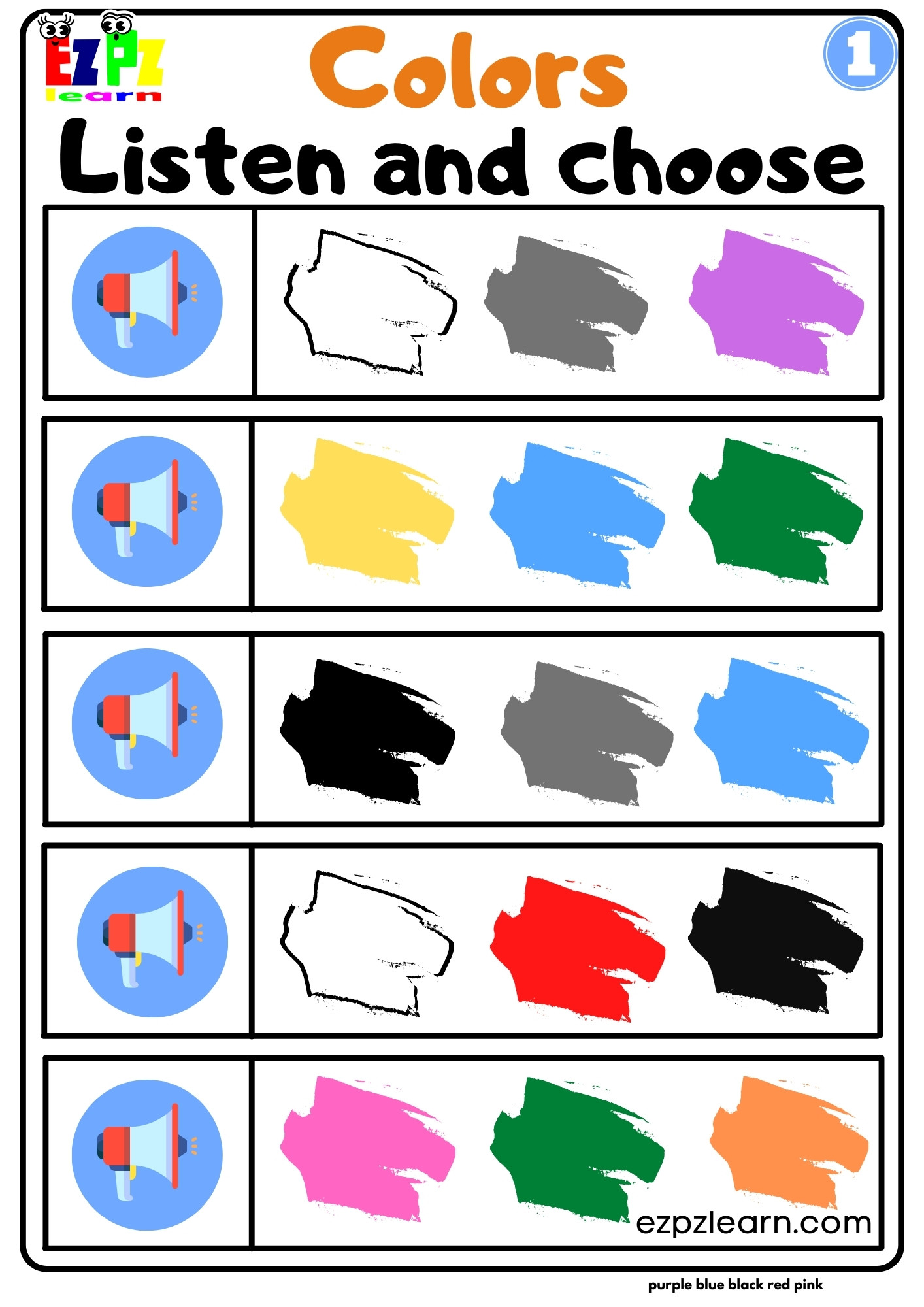 Interactive Colors Worksheet Listen and Choose Activity for Kids and ESL Students Group 1 ...